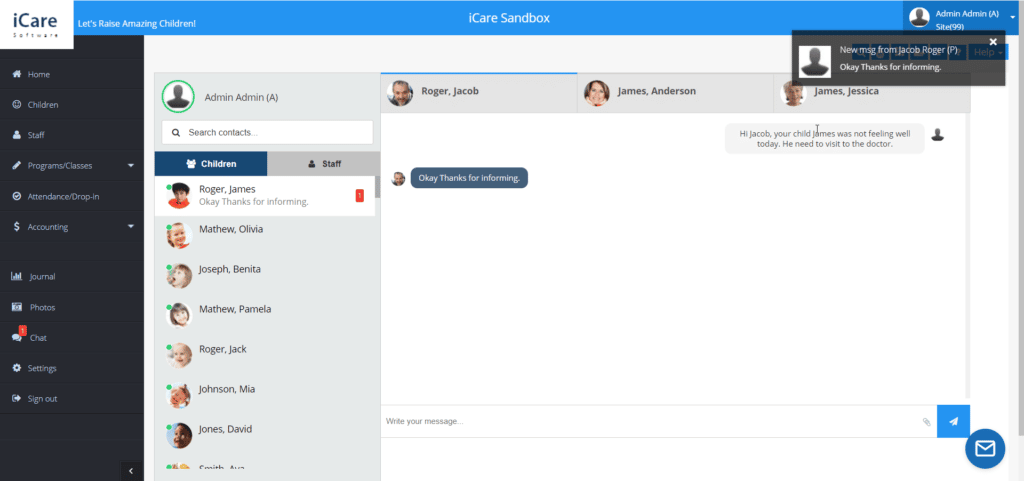 14a.Chat from Admin Account - iCare Childcare Management Software