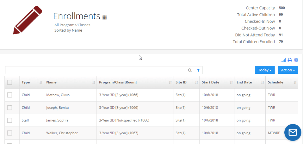 Enrollment List Page - iCare Childcare Management Software
