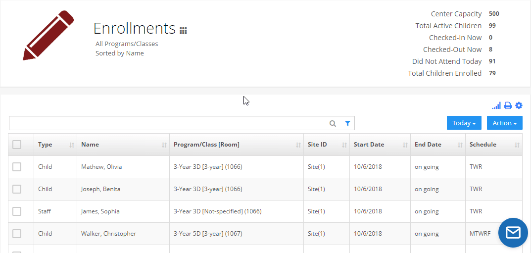 Enrollment List Page - iCare Childcare Management Software